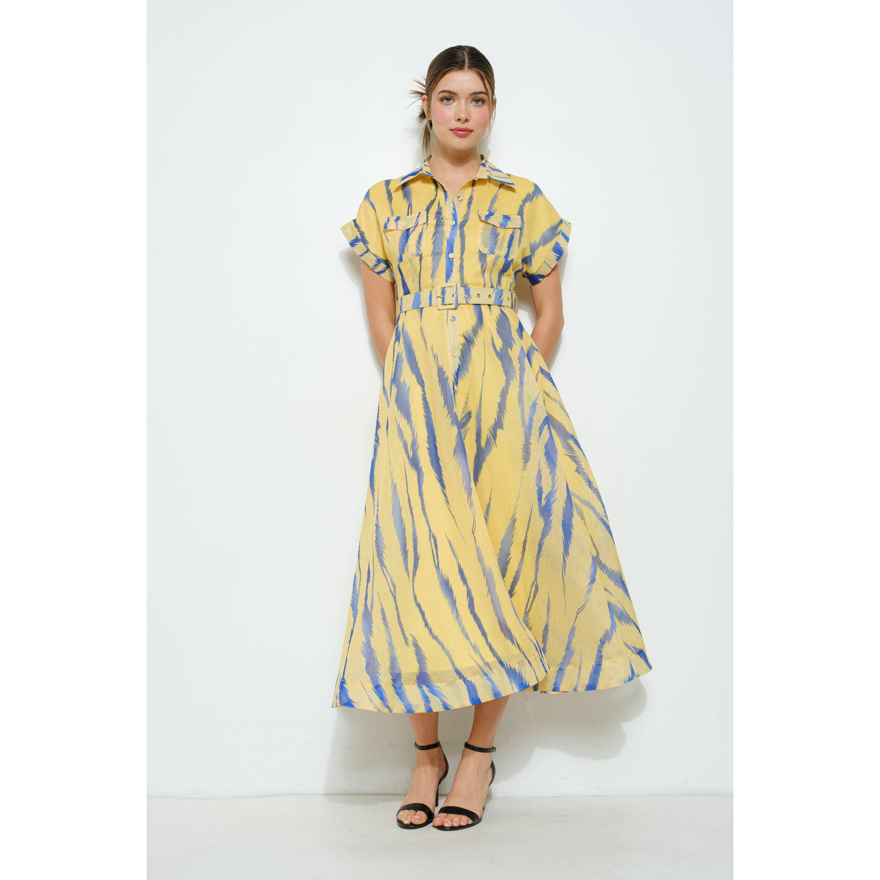 INA - Yellow Short Sleeve Zebra-Print Belted Midi Shirt Dress | Salsa ...